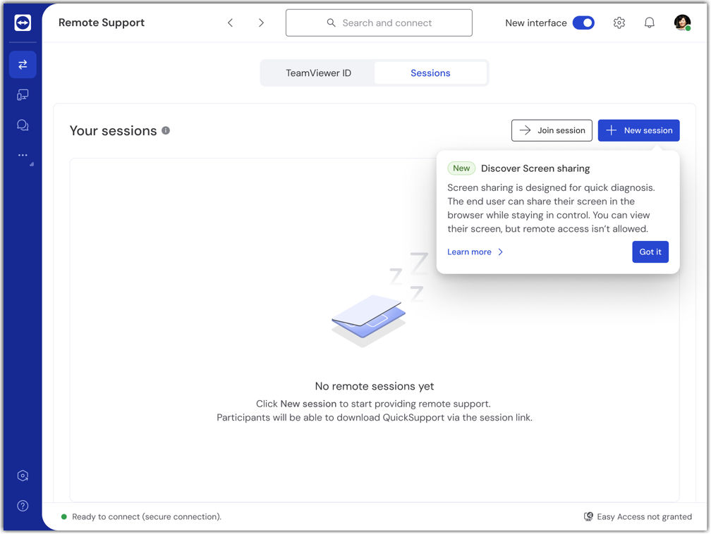 Start a screen sharing session via browser