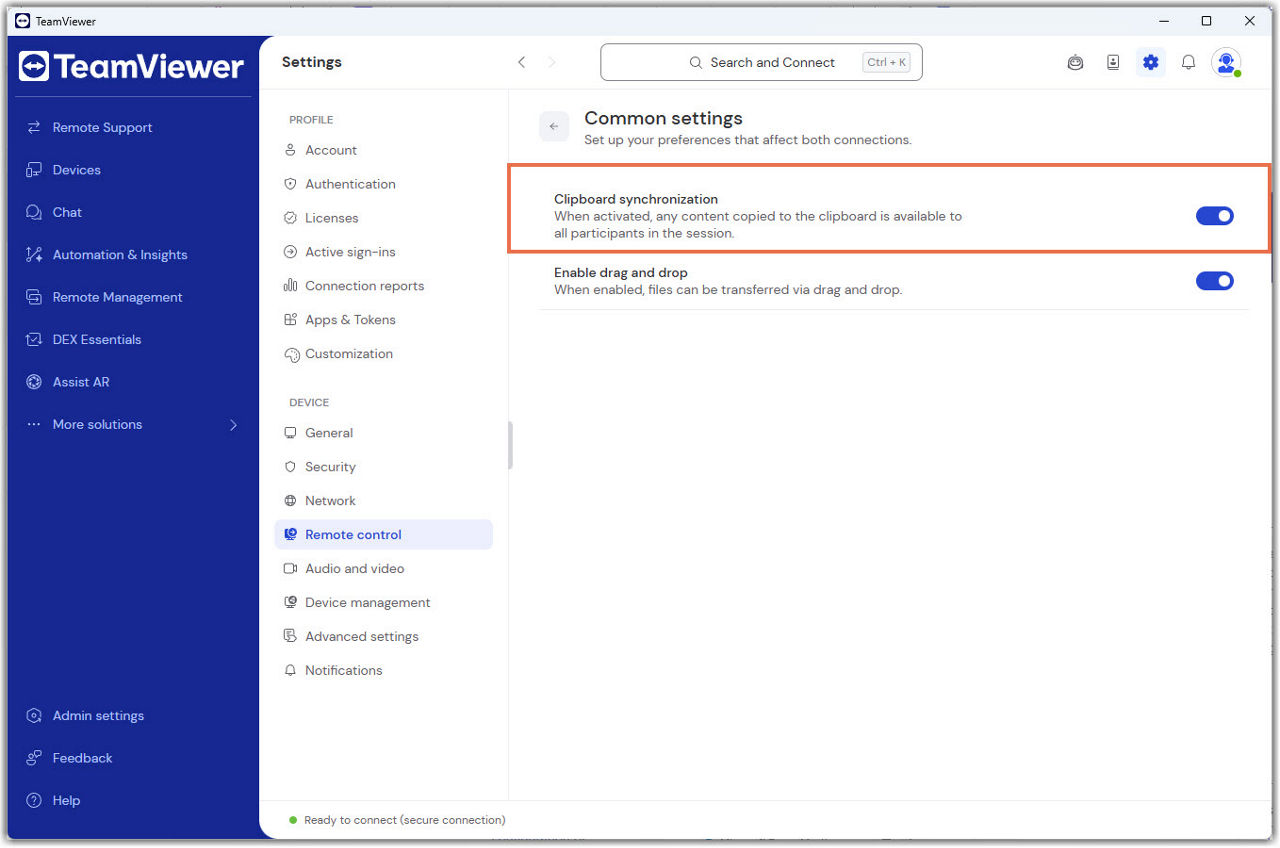 Control clipboard sync during remote support sessions