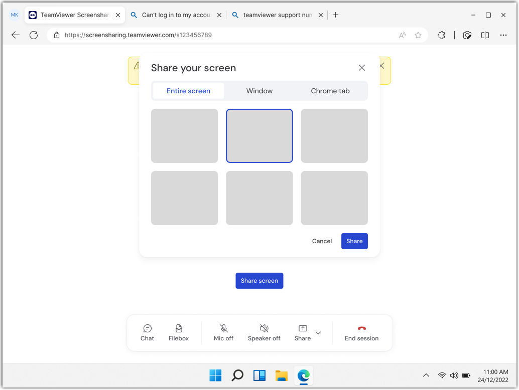 Start a screen sharing session via browser