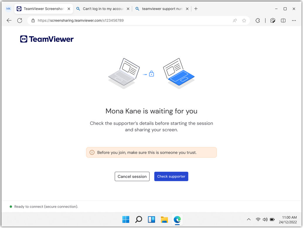 Start a screen sharing session via browser